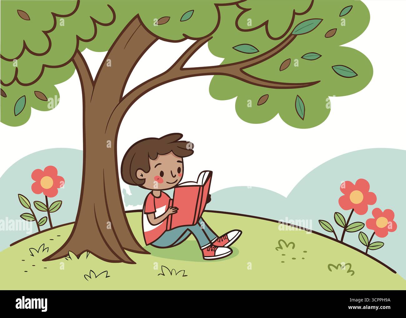Cute Cartoon Boy Reading Book Under Tree Illustration for Education ...