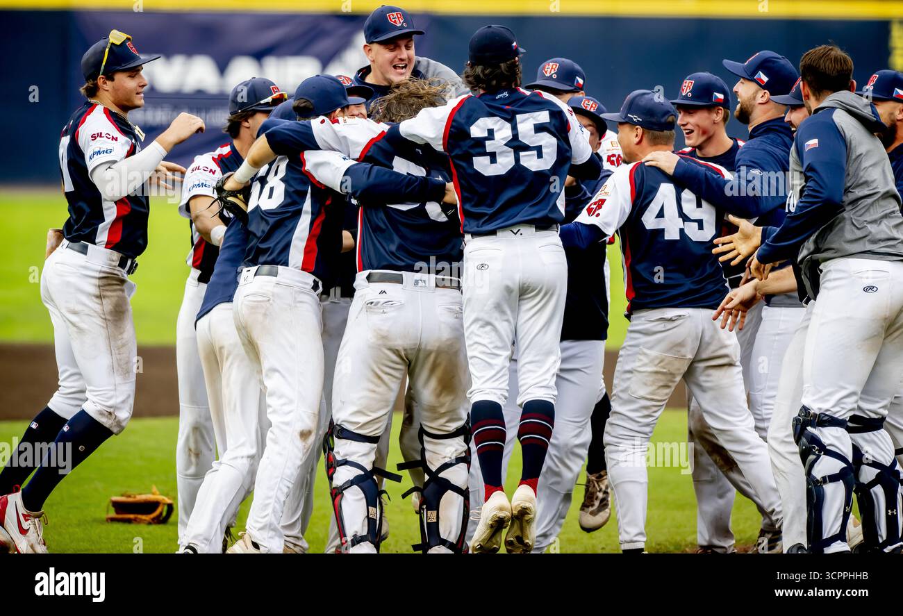 ROTTERDAM - Czech Republic baseball players celebrate against Spain during the consolation final ...