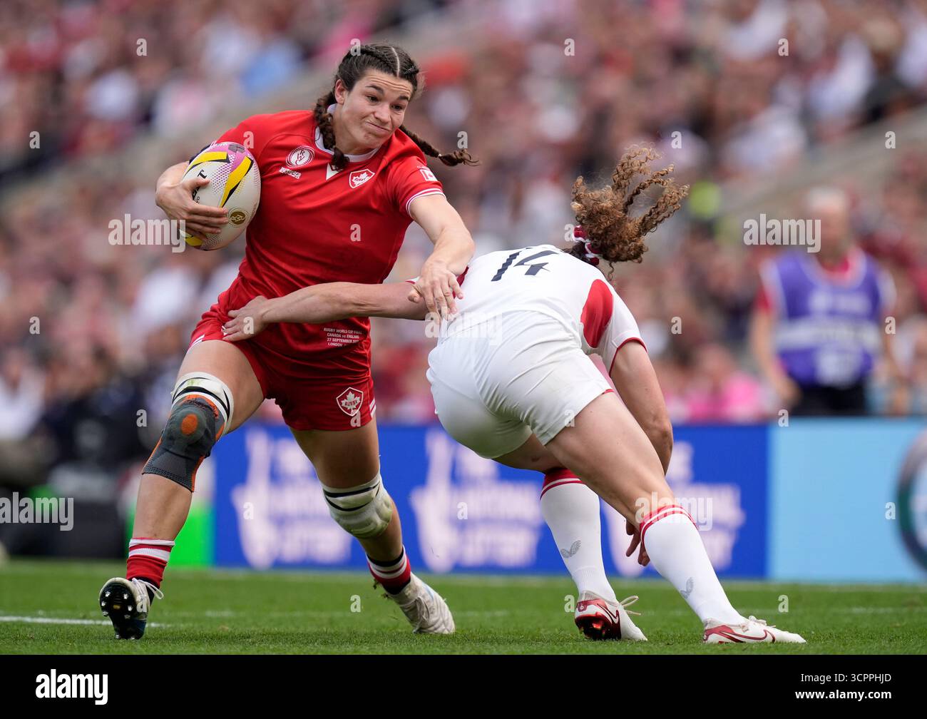 Canada's Fabiola Forteza (left) is tackled by England's Abby Dow during ...