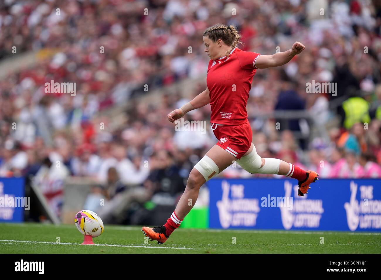 Canada's Sophie de Goede kicks a conversion, but misses the kick ...