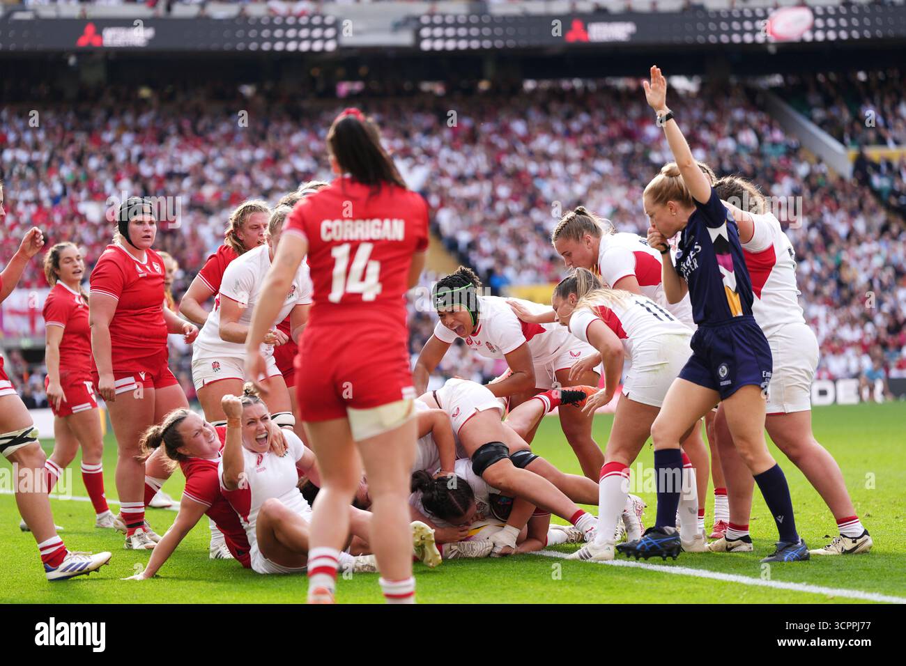 England's Amy Cokayne scores a try during the Women's Rugby World Cup ...