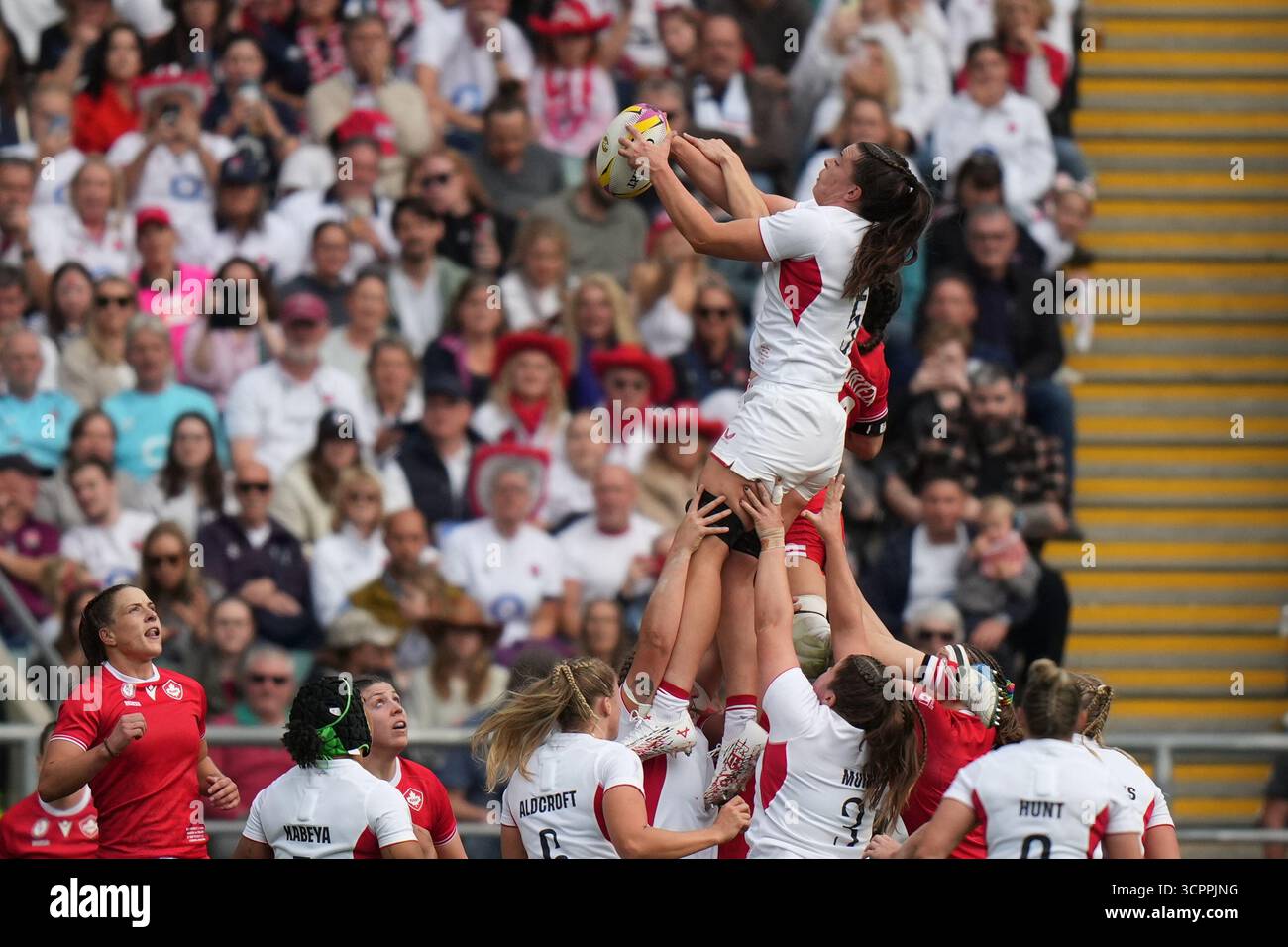 England's Abbie Ward jumps for the ball during the Women's Rugby World ...
