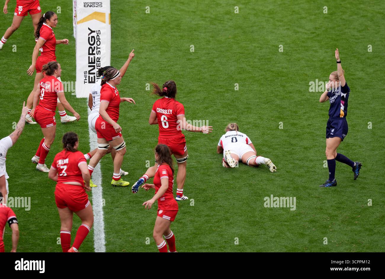 England's Alex Matthews scores a try during the Women's Rugby World Cup ...