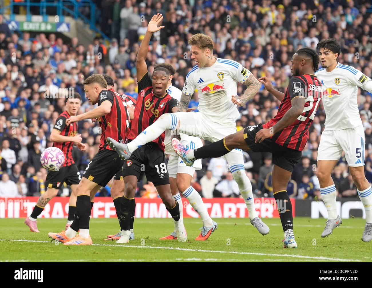 Leeds United's Joe Rodon takes a shot at goal during the Premier League ...