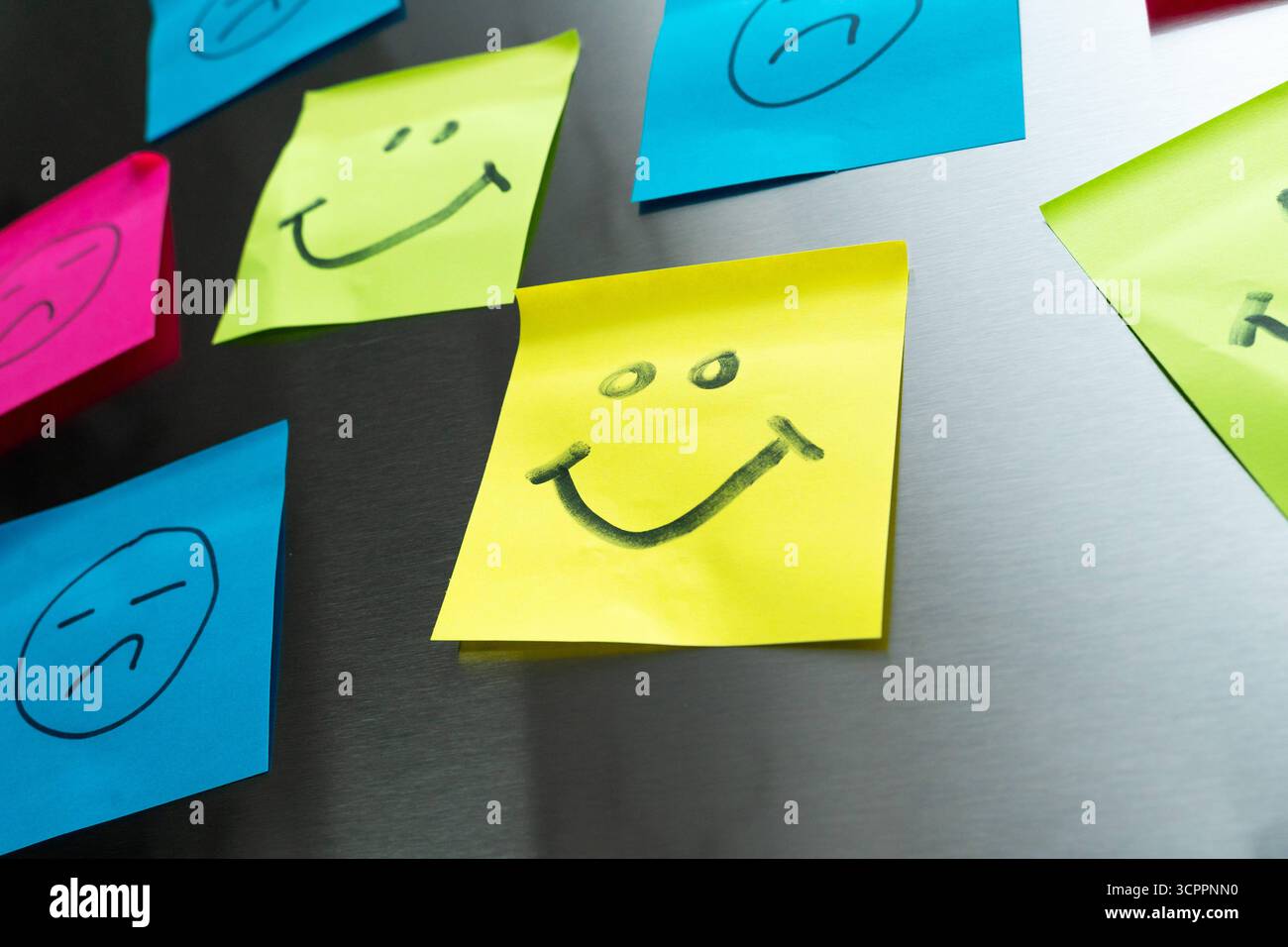 Germany - September 27, 2025: Post-it notes with happy and sad smileys ...