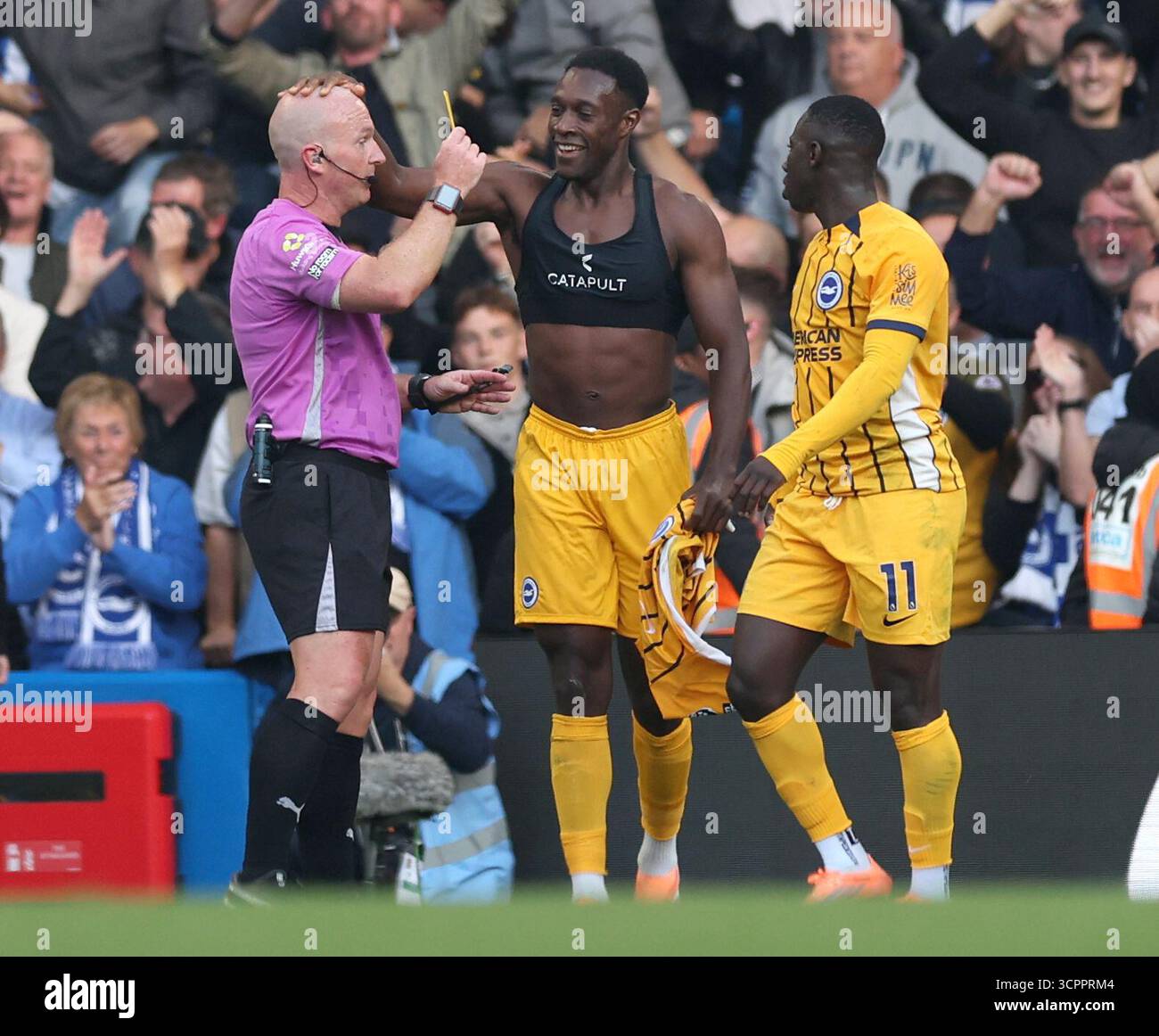 Brighton and Hove Albion's Danny Welbeck (centre) pats the head of ...