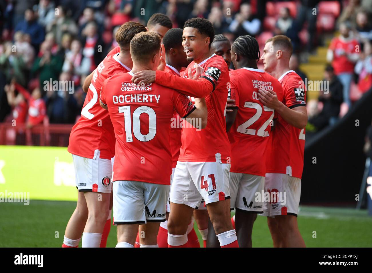 London, England. 27th Sep 2025. James Bree celebrates with his Charlton ...