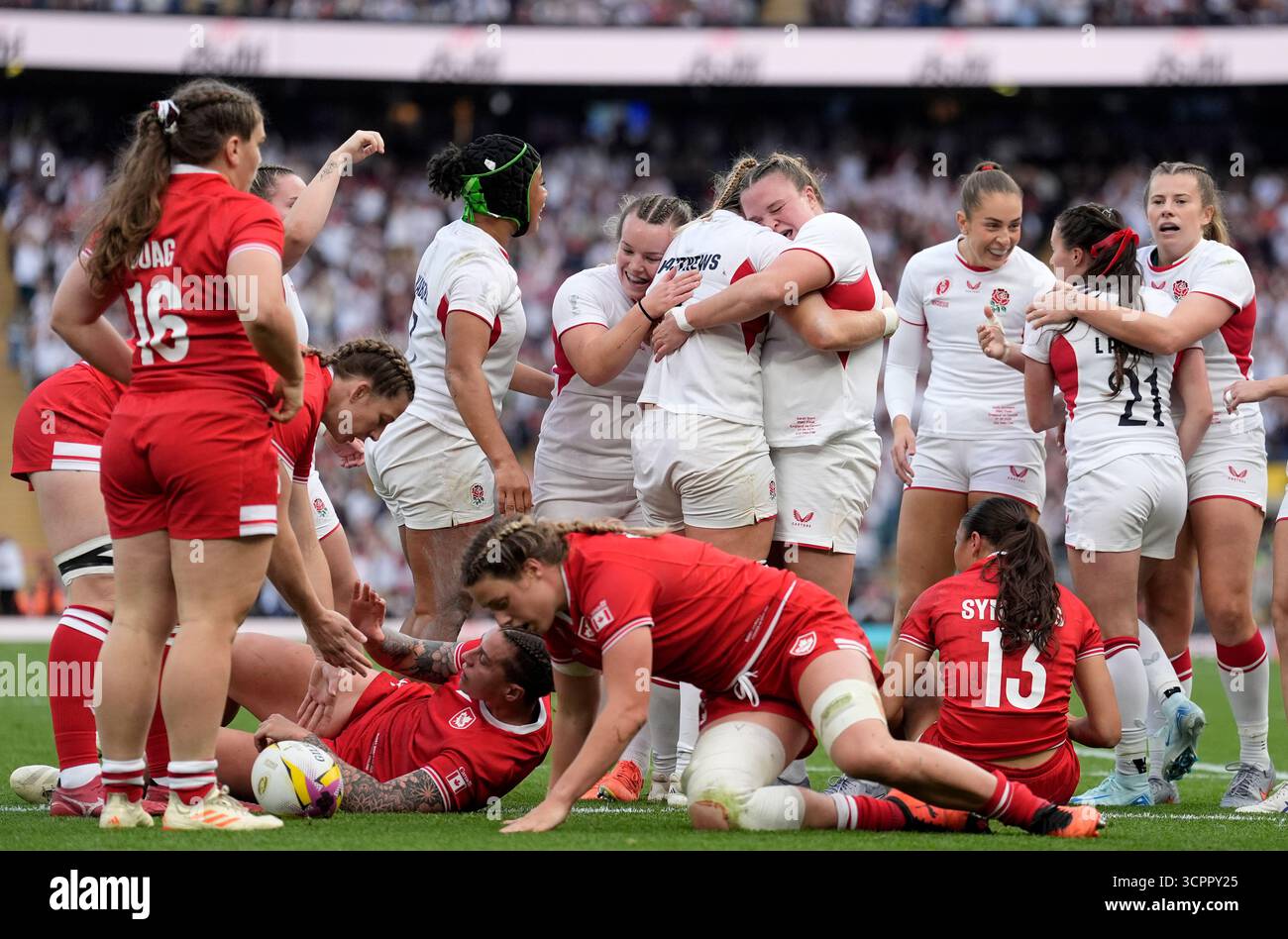 England's Alex Matthews (centre left) celebrates with her team mates ...