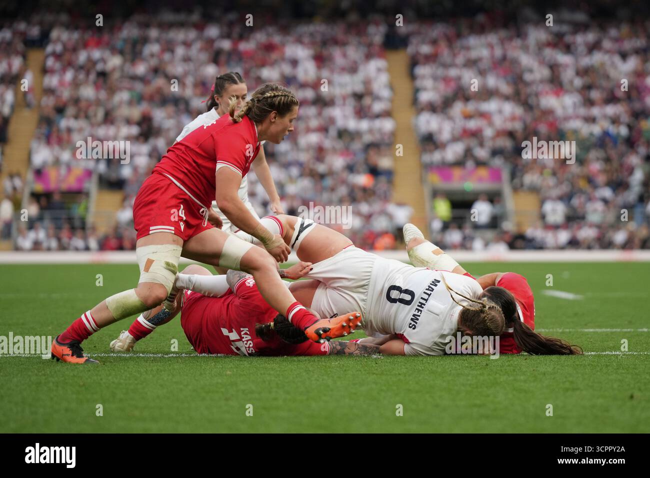 England's Alex Matthews scores a try during the Women's Rugby World Cup ...