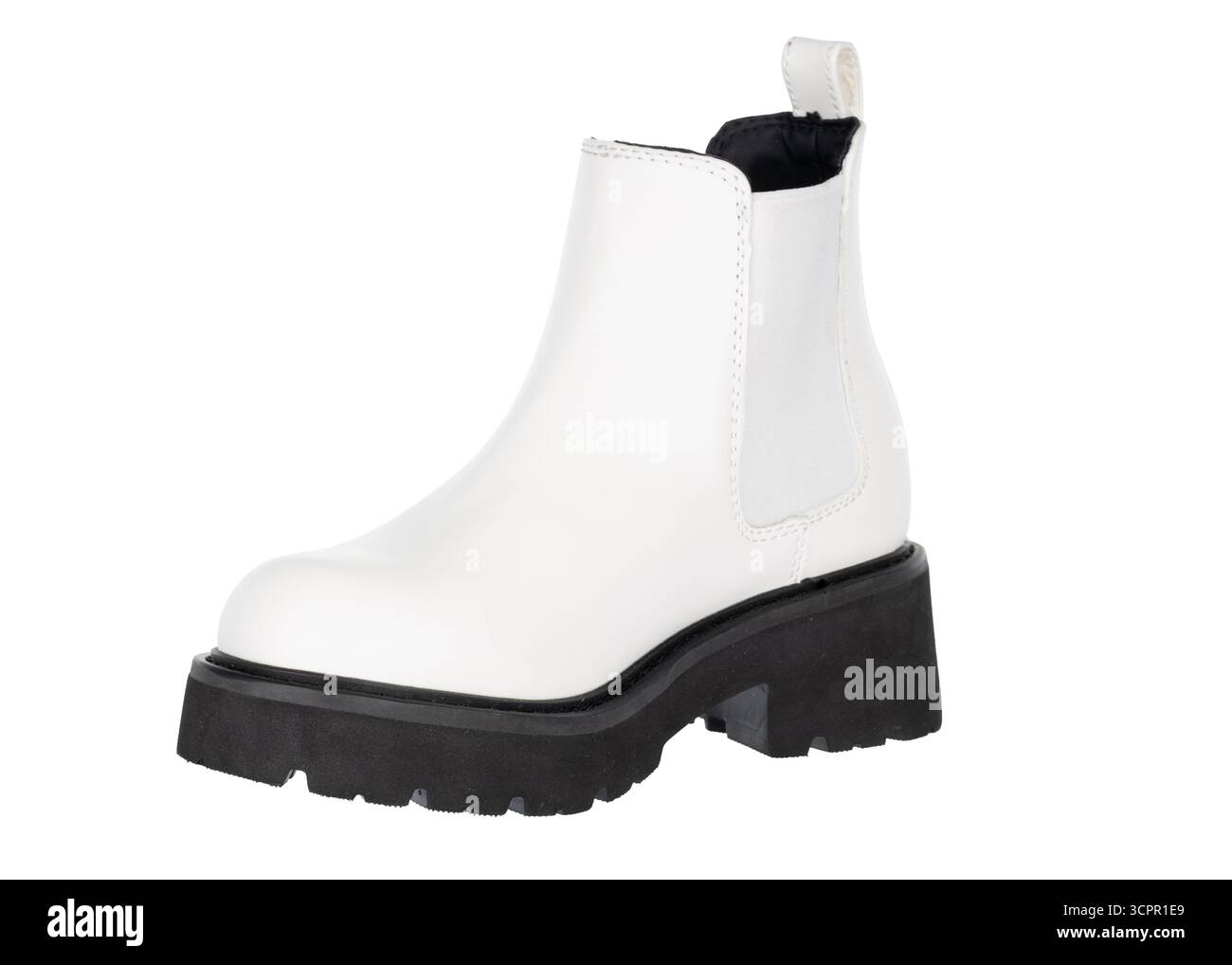 White Boot with Chunky Black Sole Stock Photo - Alamy