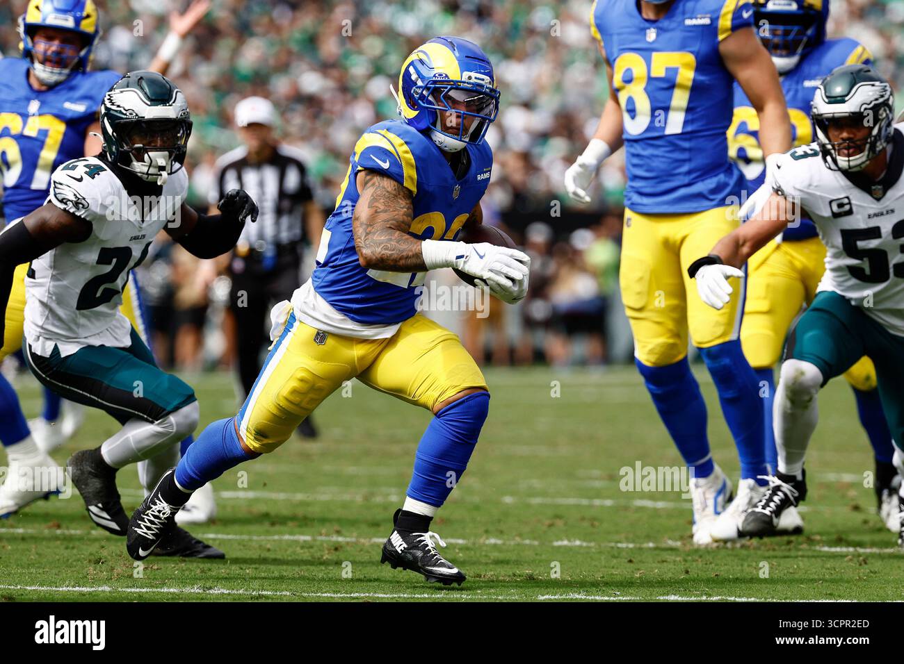 Los Angeles Rams' Blake Corum runs against the Philadelphia Eagles during an NFL football game ...