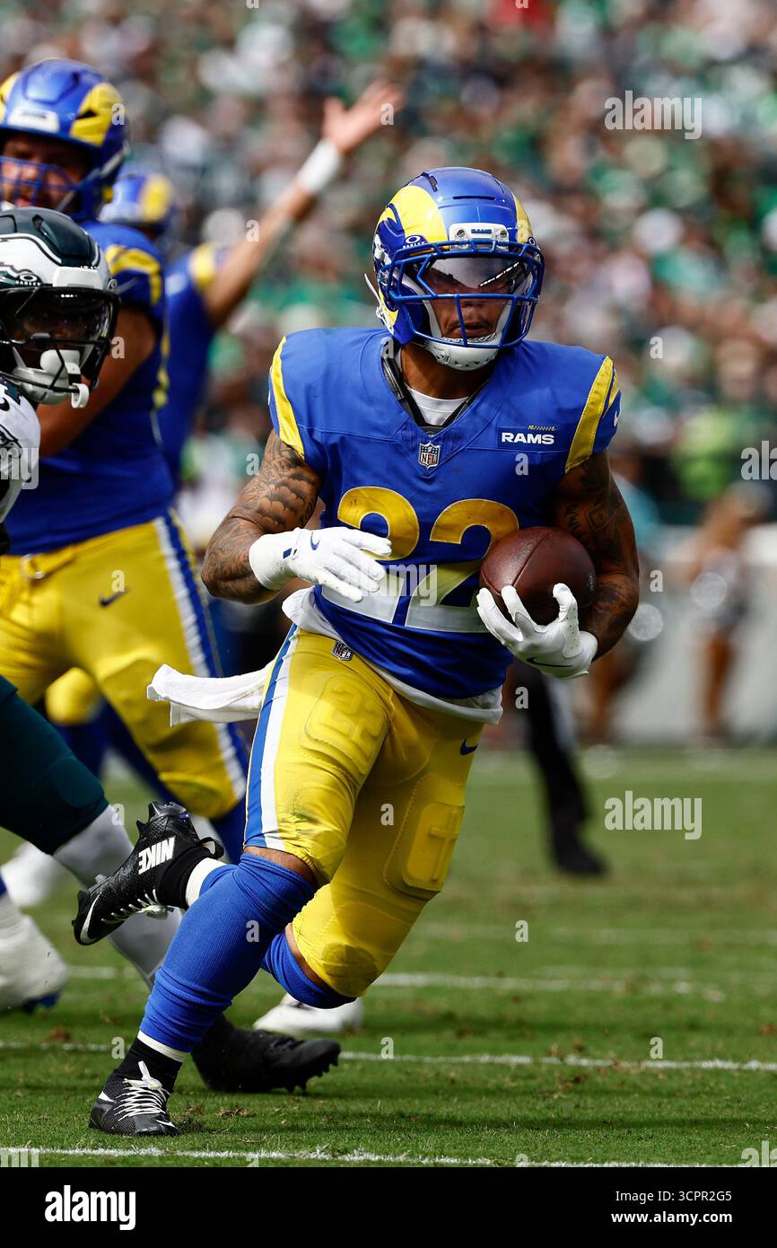 Los Angeles Rams' Blake Corum runs against the Philadelphia Eagles during an NFL football game ...
