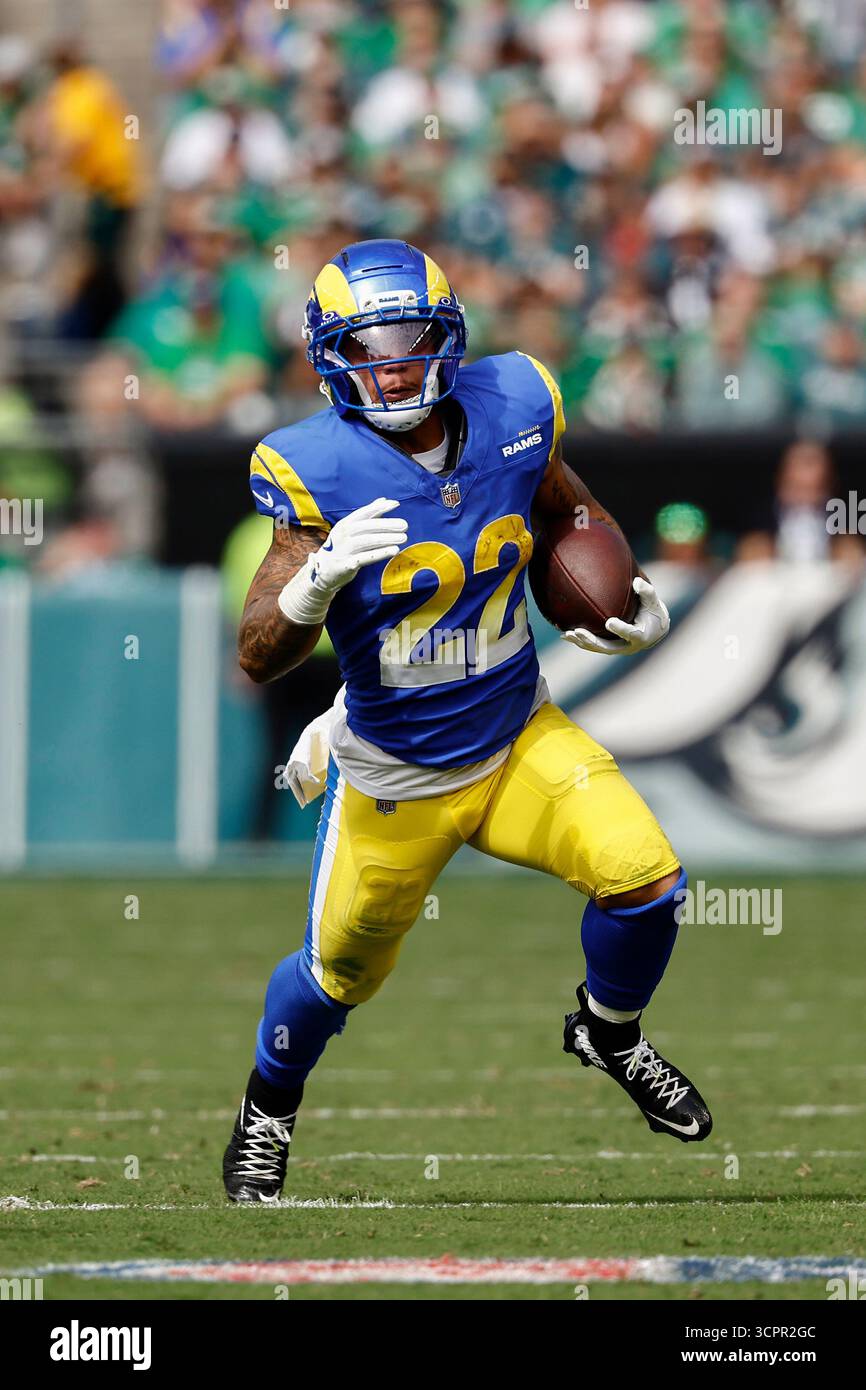 Los Angeles Rams' Blake Corum runs against the Philadelphia Eagles during an NFL football game ...