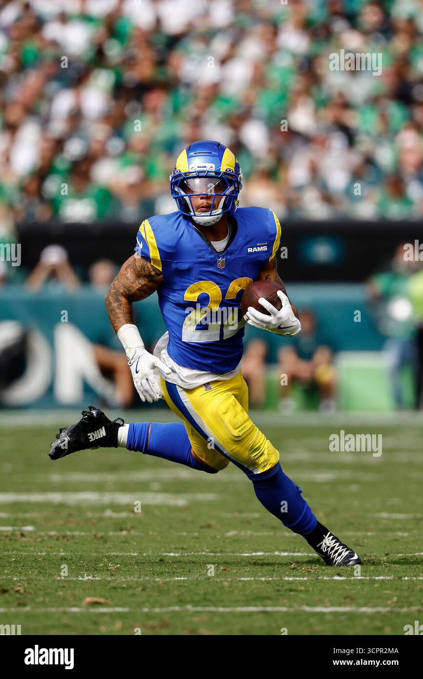 Los Angeles Rams' Blake Corum runs against the Philadelphia Eagles during an NFL football game ...