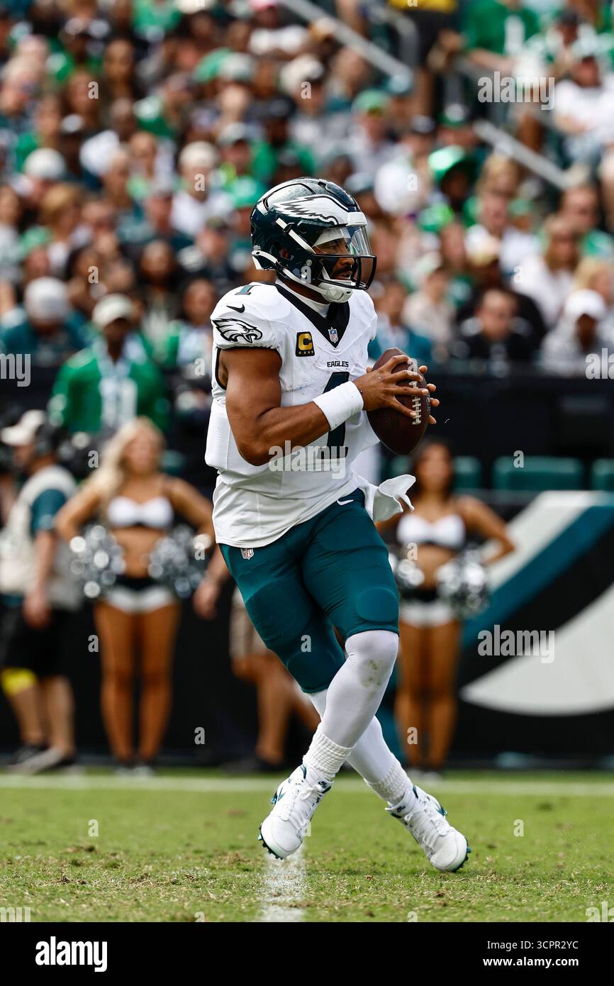 Philadelphia Eagles quarterback Jalen Hurts drops back to pass against the Los Angeles Rams ...