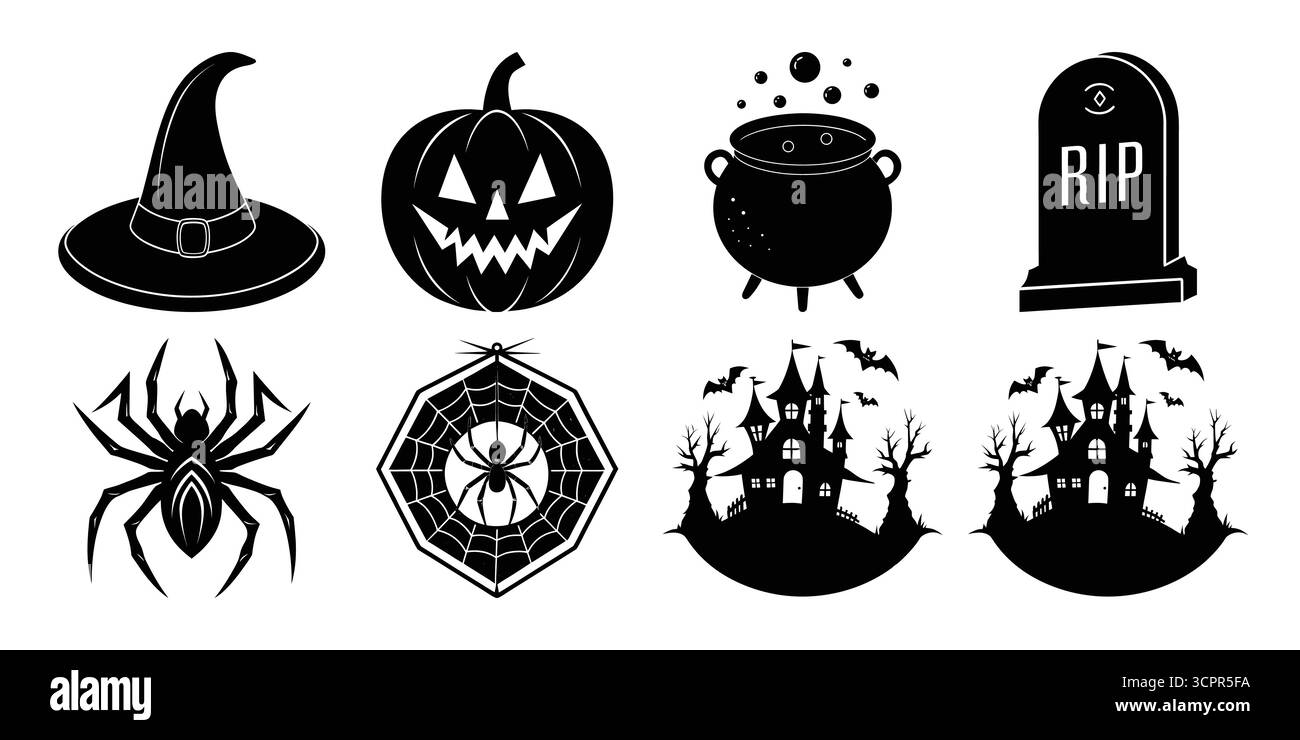 Halloween silhouettes with witch hat, pumpkin, spider, cauldron, and ...