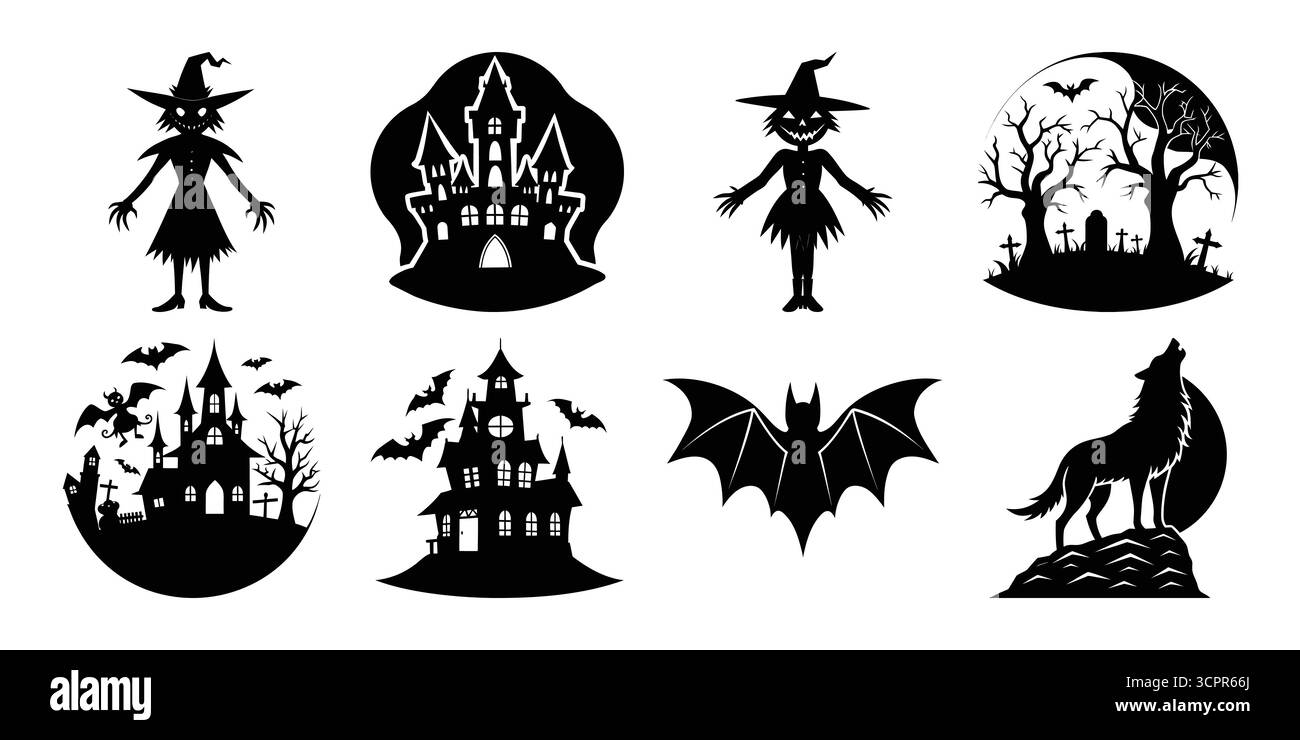 Halloween silhouettes isolated on white background featuring spooky ...