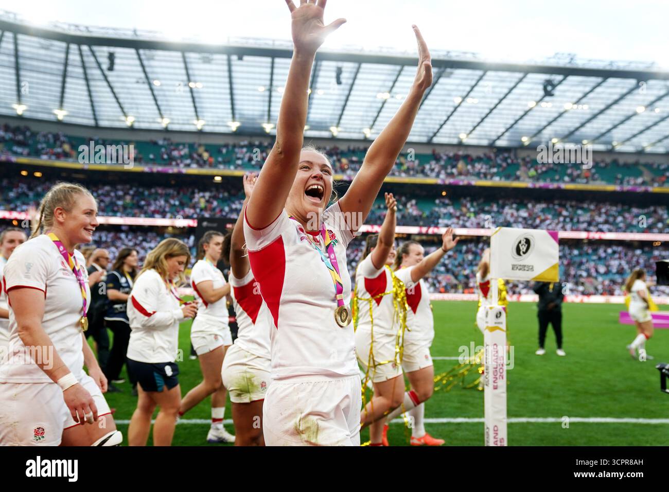 England's Zoe Aldcroft celebrates with team-mates after winning the ...