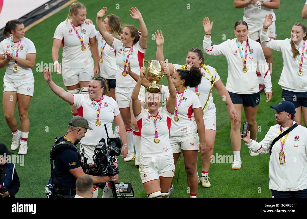 England's Zoe Aldcroft lifts the Women's Rugby World trophy as they ...