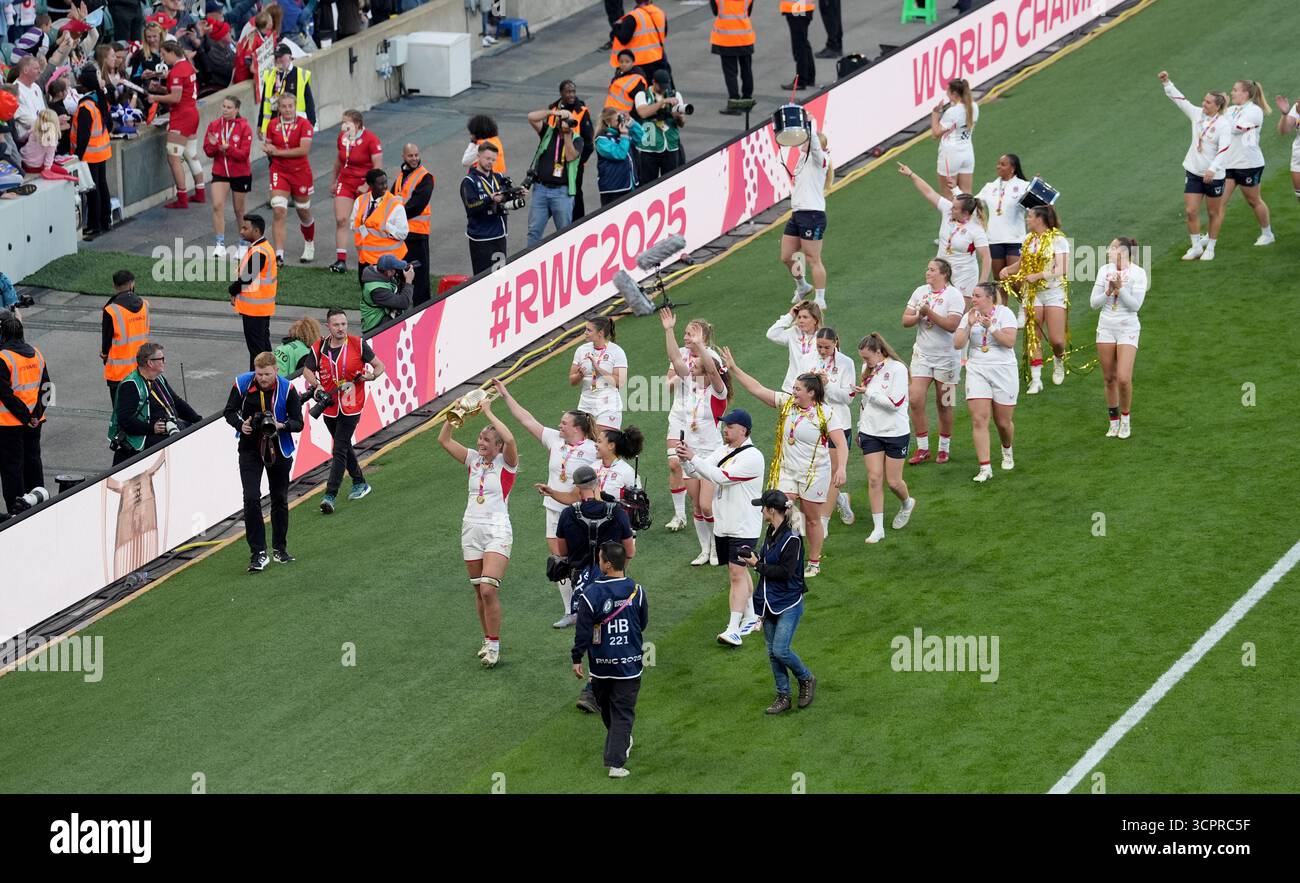 England's Zoe Aldcroft lifts the Women's Rugby World trophy as they ...