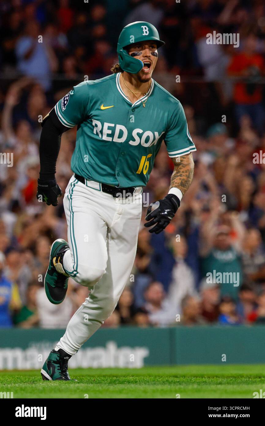 Boston Red Sox's Jarren Duran (16) reacts after hitting a game tying ...