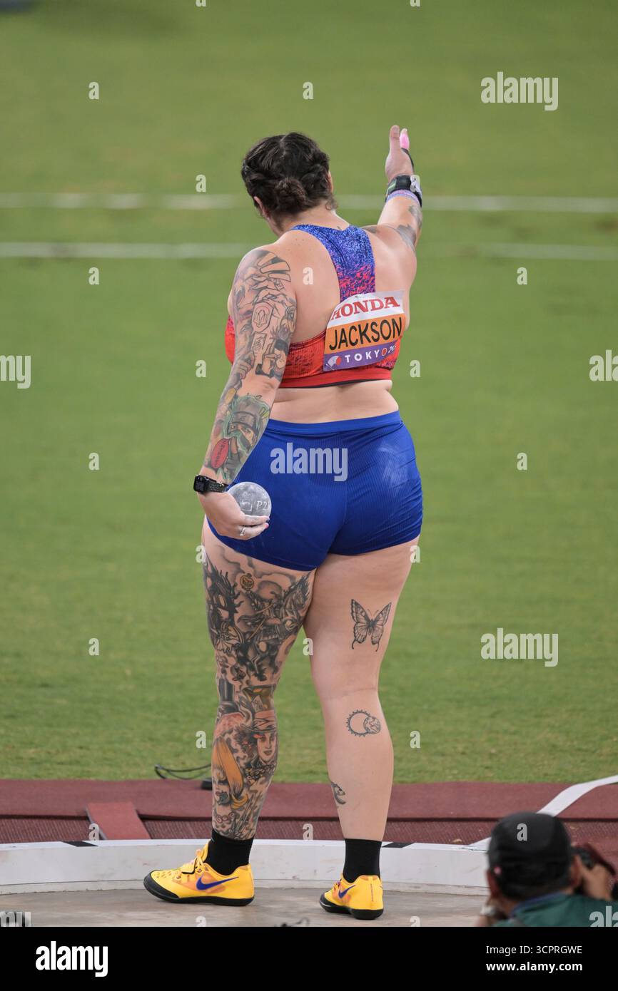 Chase Jackson of the USA competing in the women’s shot put at the World ...