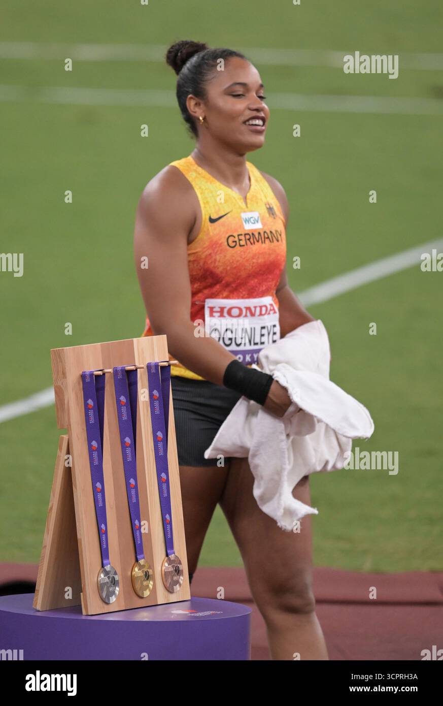 Yemisi Ogunleye of Germany competing in the women’s shot put at the ...