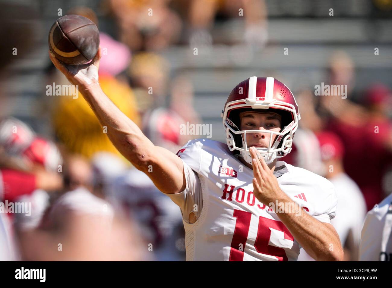 Indiana quarterback Fernando Mendoza warms up before an NCAA college ...
