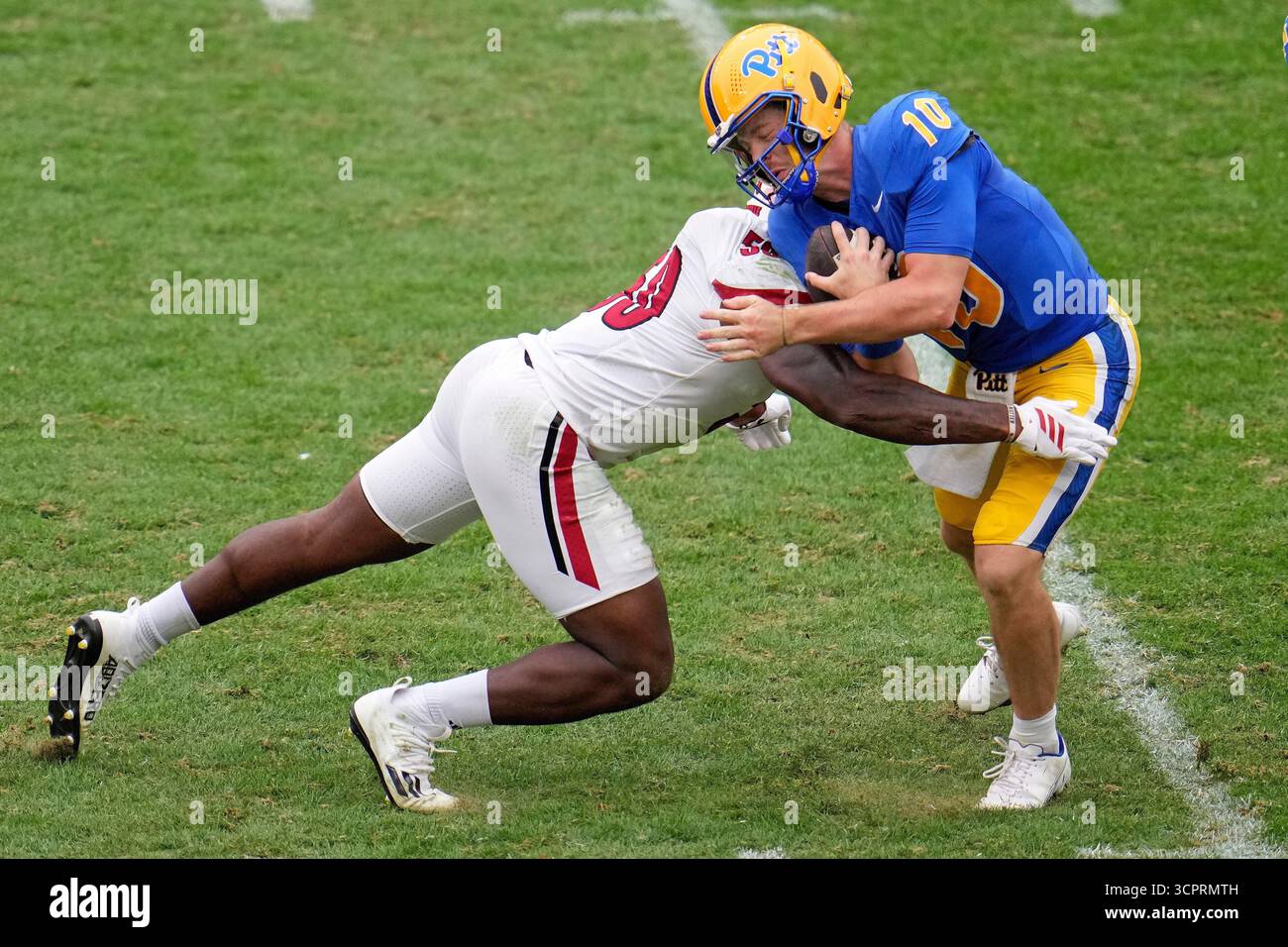Pittsburgh quarterback Eli Holstein (10) is tackled by Louisville ...