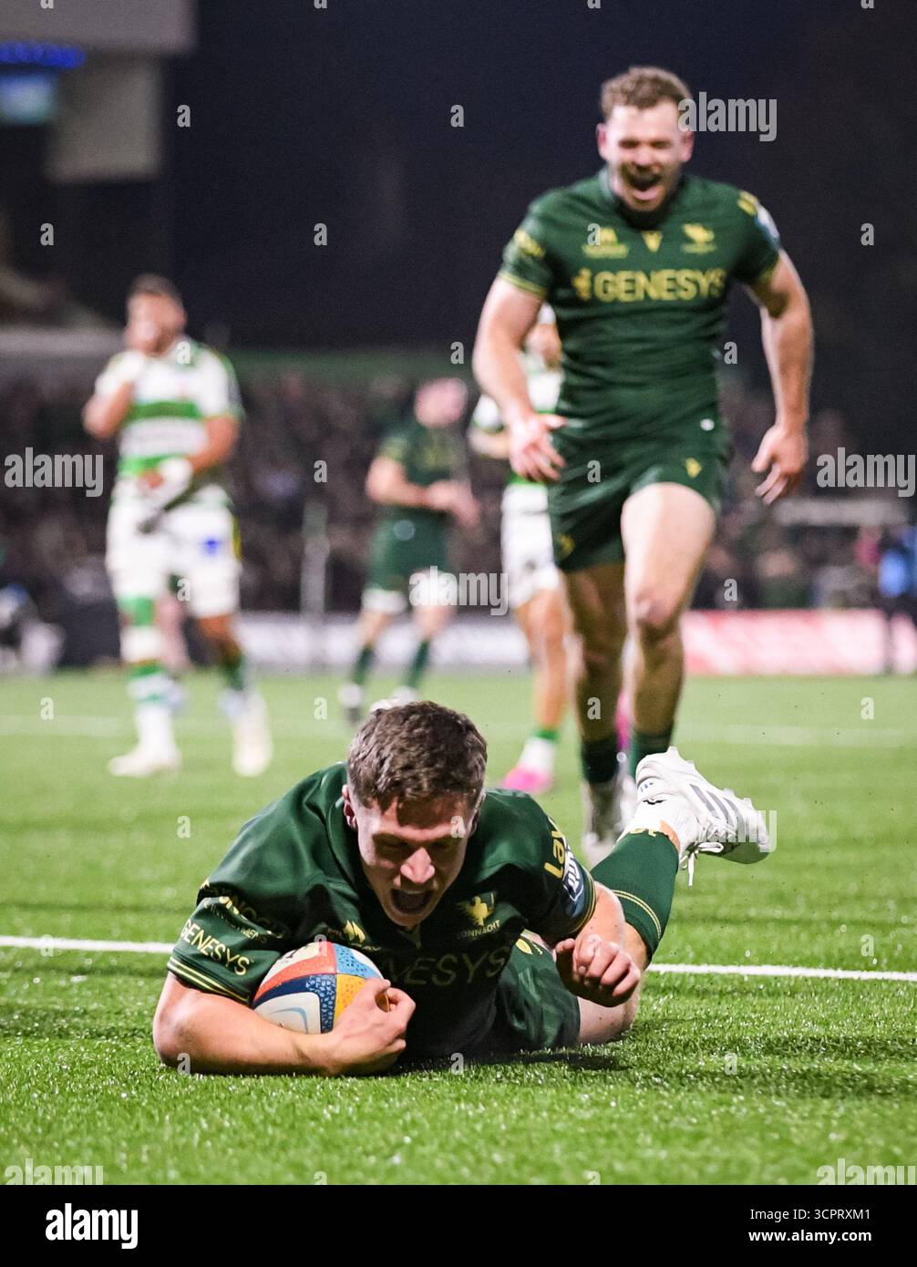 Galway, Ireland. 27th September, 2025. Sean Naughton of Connacht scores ...