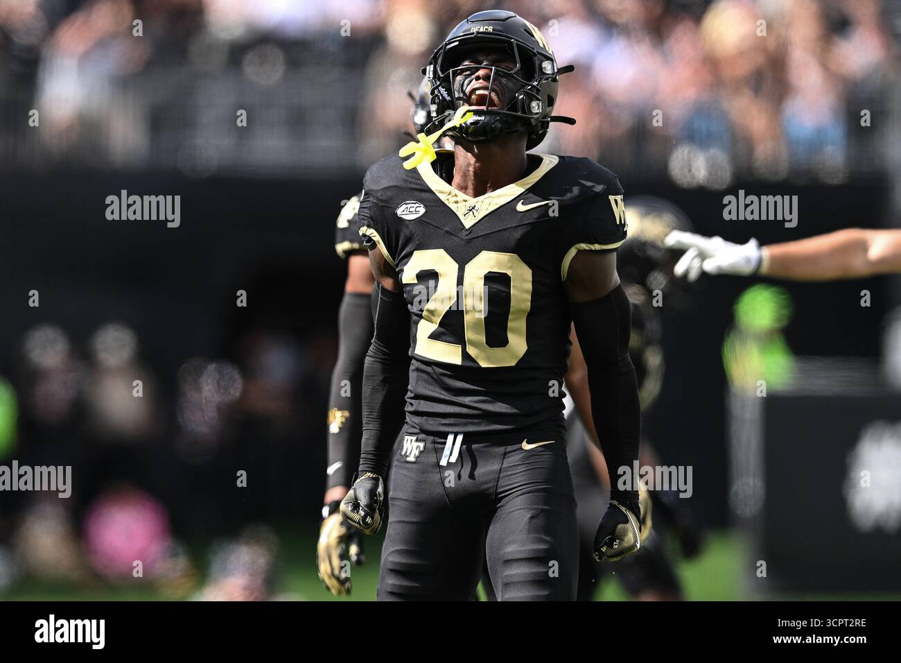 Wake Forest defensive back Lardarius Webb Jr. (20) reacts during the ...