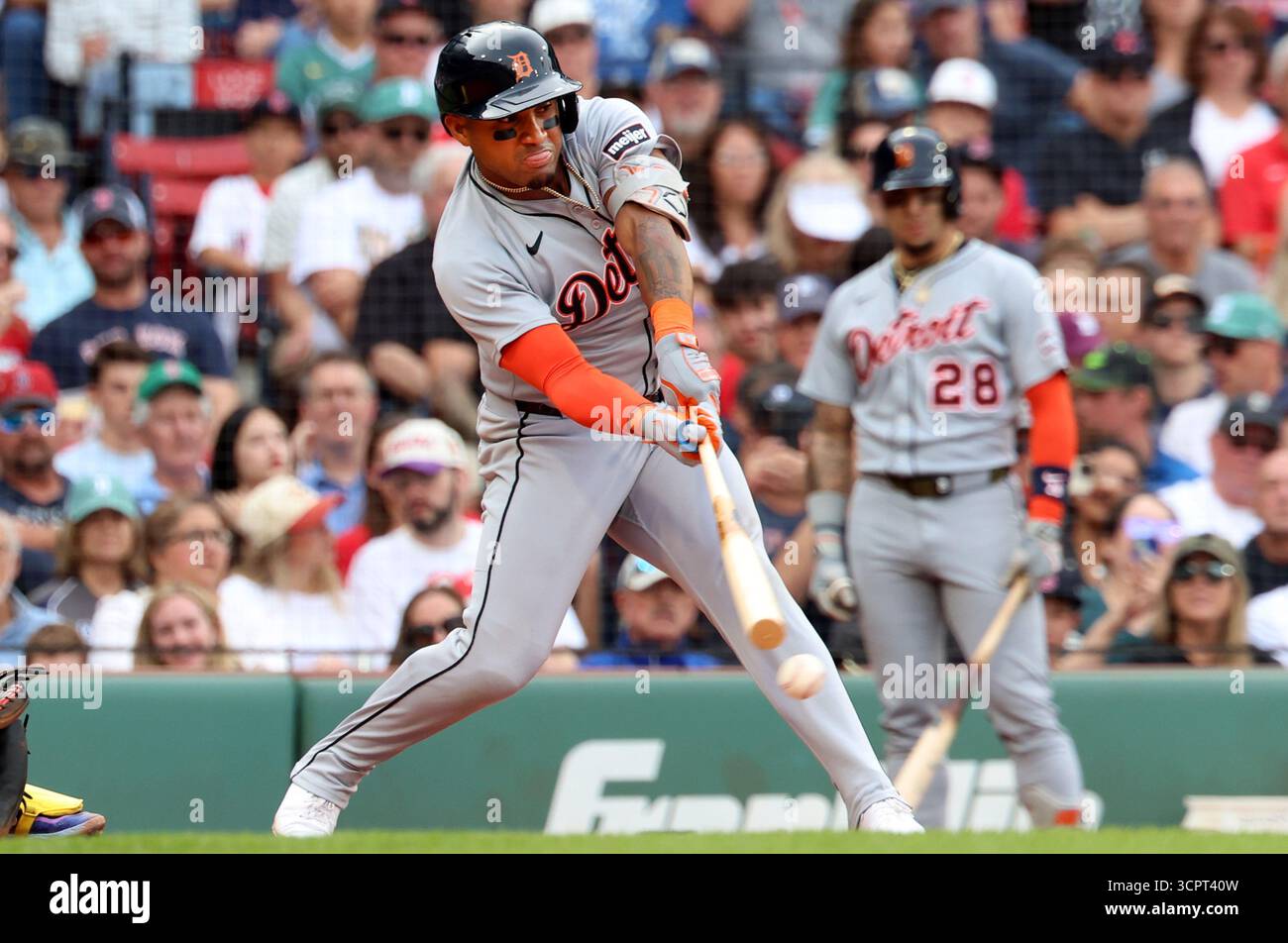 Detroit Tigers' Andy Ibáñez strikes out on a swing during the second ...