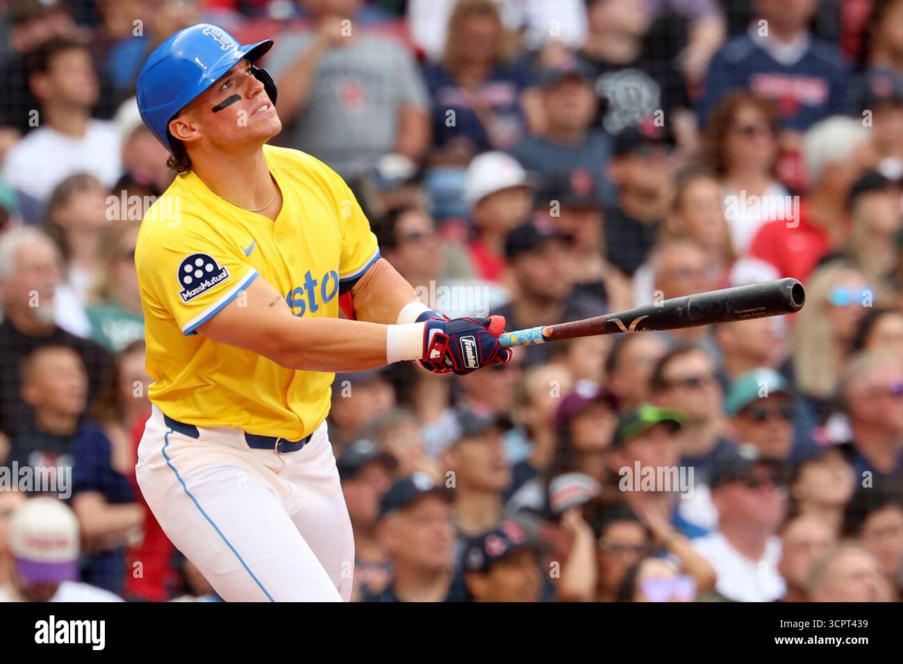 Boston Red Sox's Nate Eaton watches his ball fly into the outfield for ...