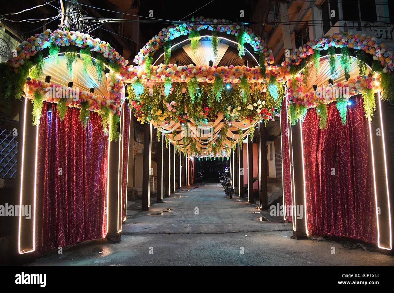 PATNA, INDIA - SEPTEMBER 27: Colourful light decoration for Durga Puja ...