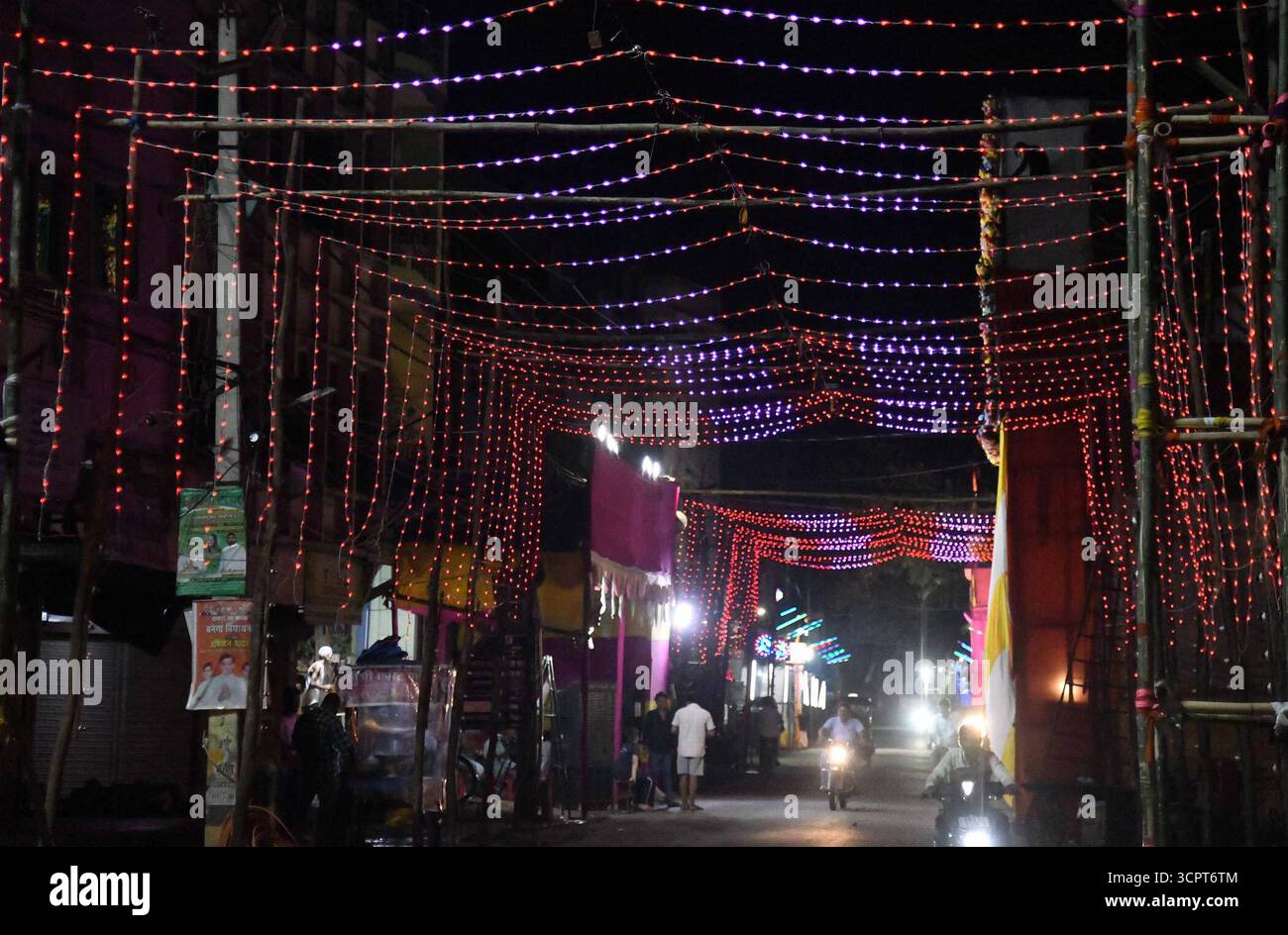 PATNA, INDIA - SEPTEMBER 27: Colourful light decoration for Durga Puja ...