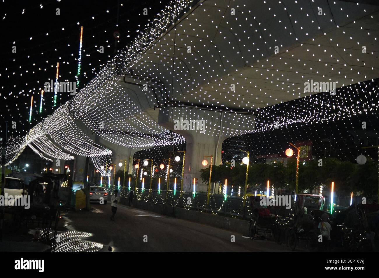 PATNA, INDIA - SEPTEMBER 27: Colourful light decoration for Durga Puja ...