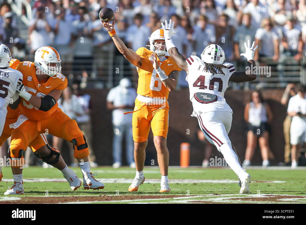 Tennessee quarterback Joey Aguilar (6) throws a pass in the face of ...