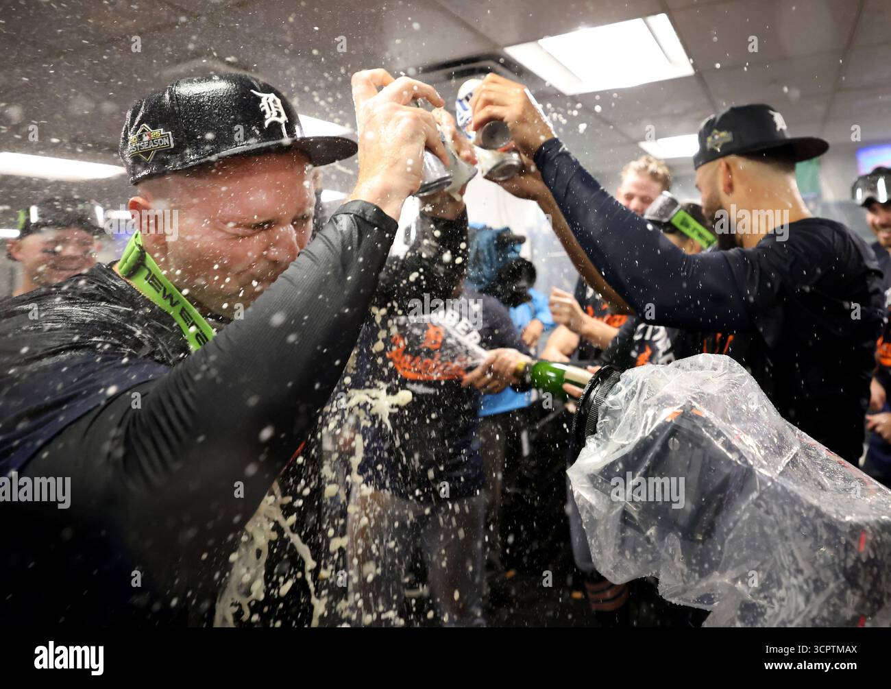 Detroit Tigers pitcher Tarik Skubal, left, celebrates with teammates in ...