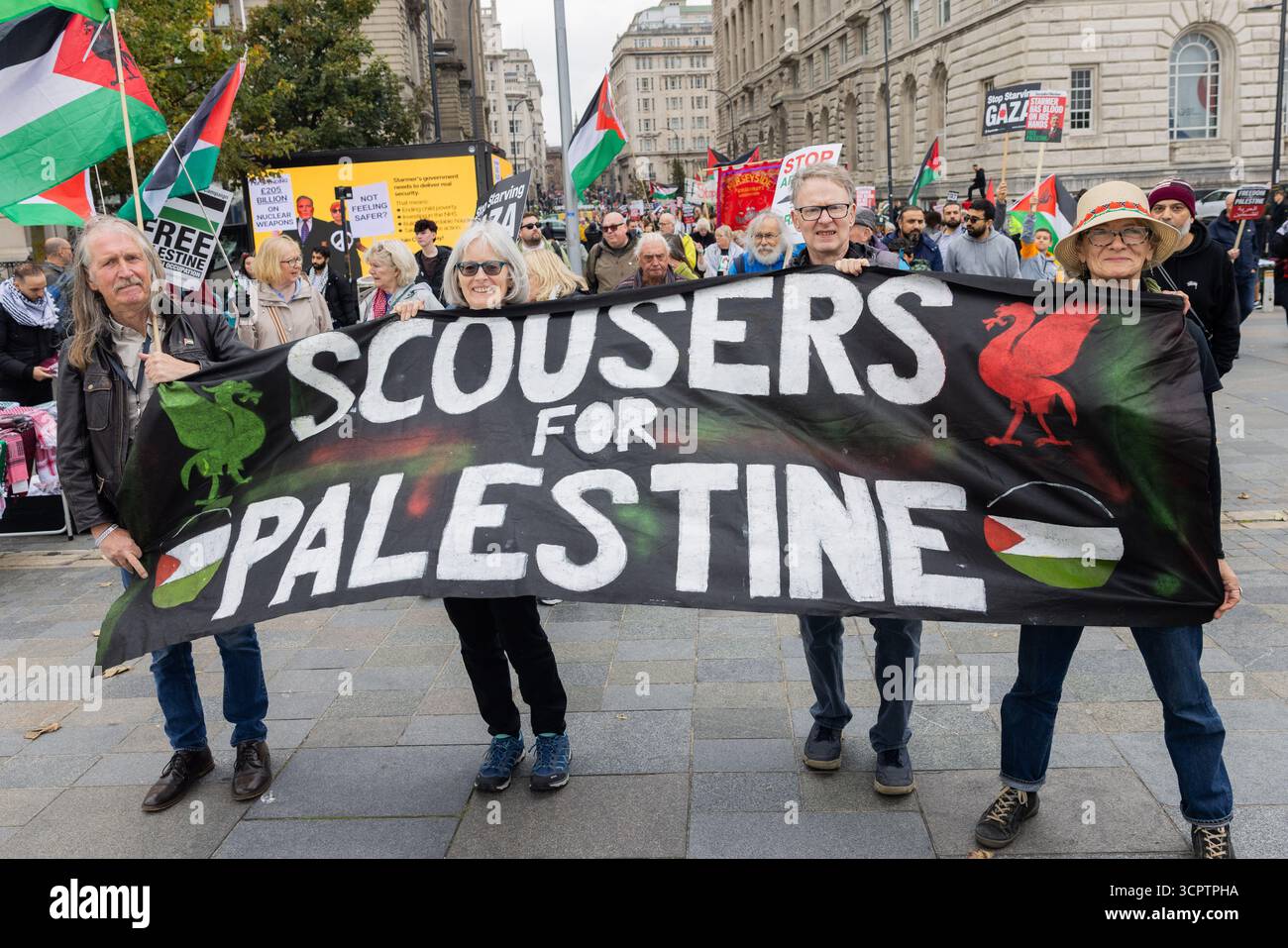 Liverpool, UK. 27 SEP, 2025. People hold "Scousers for Palestine ...