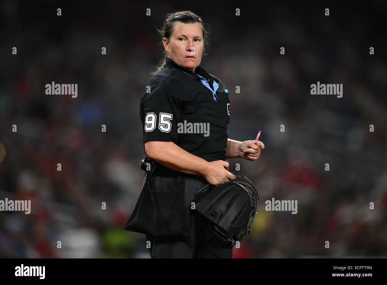 Home plate umpire Jen Pawol in action during a baseball game between ...