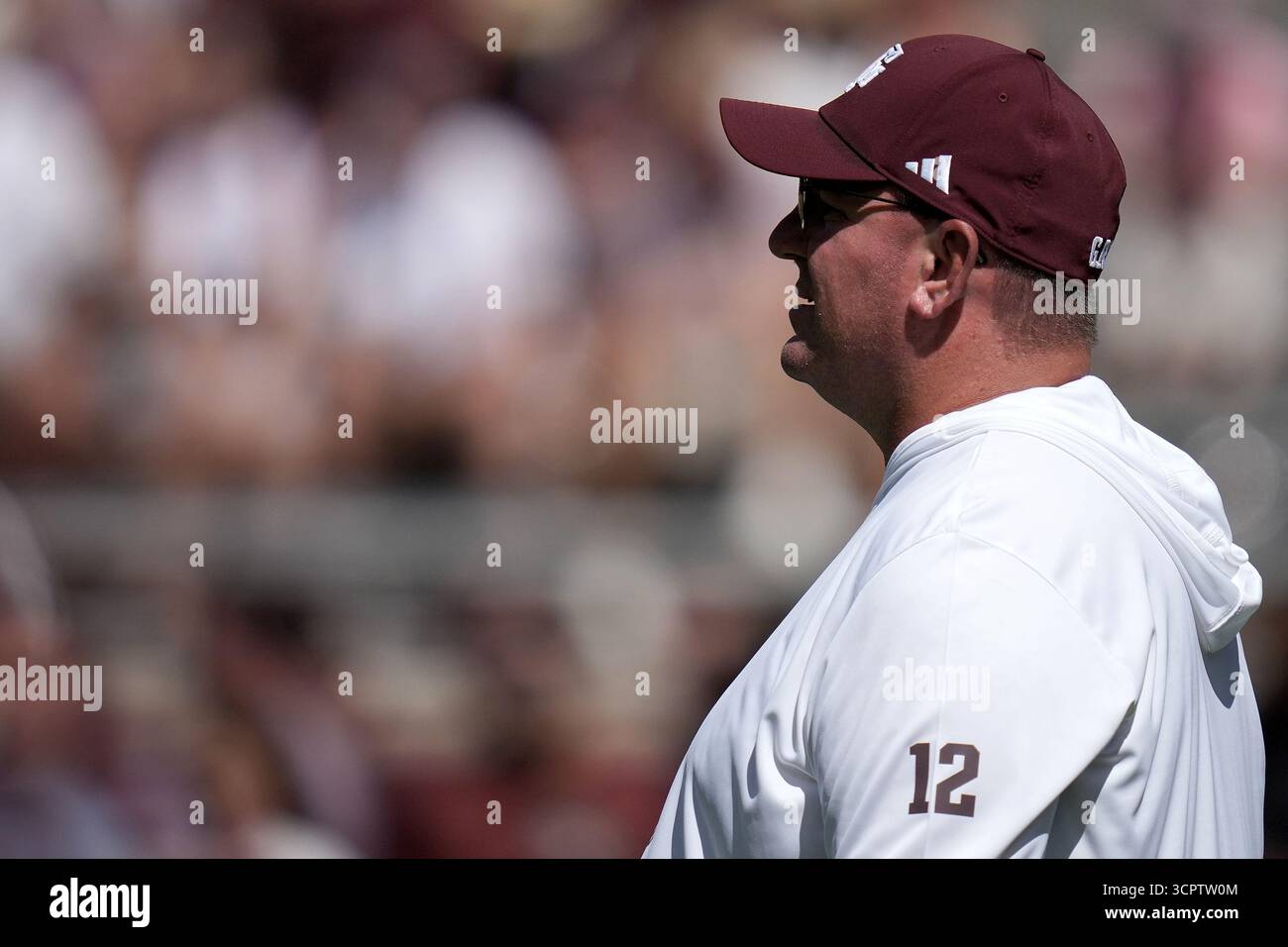 Texas A&M head coach Mike Elko looks on during wamrups before the start ...