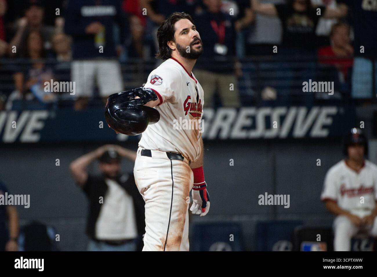 Cleveland Guardians' Austin Hedges reacts after being called out on ...
