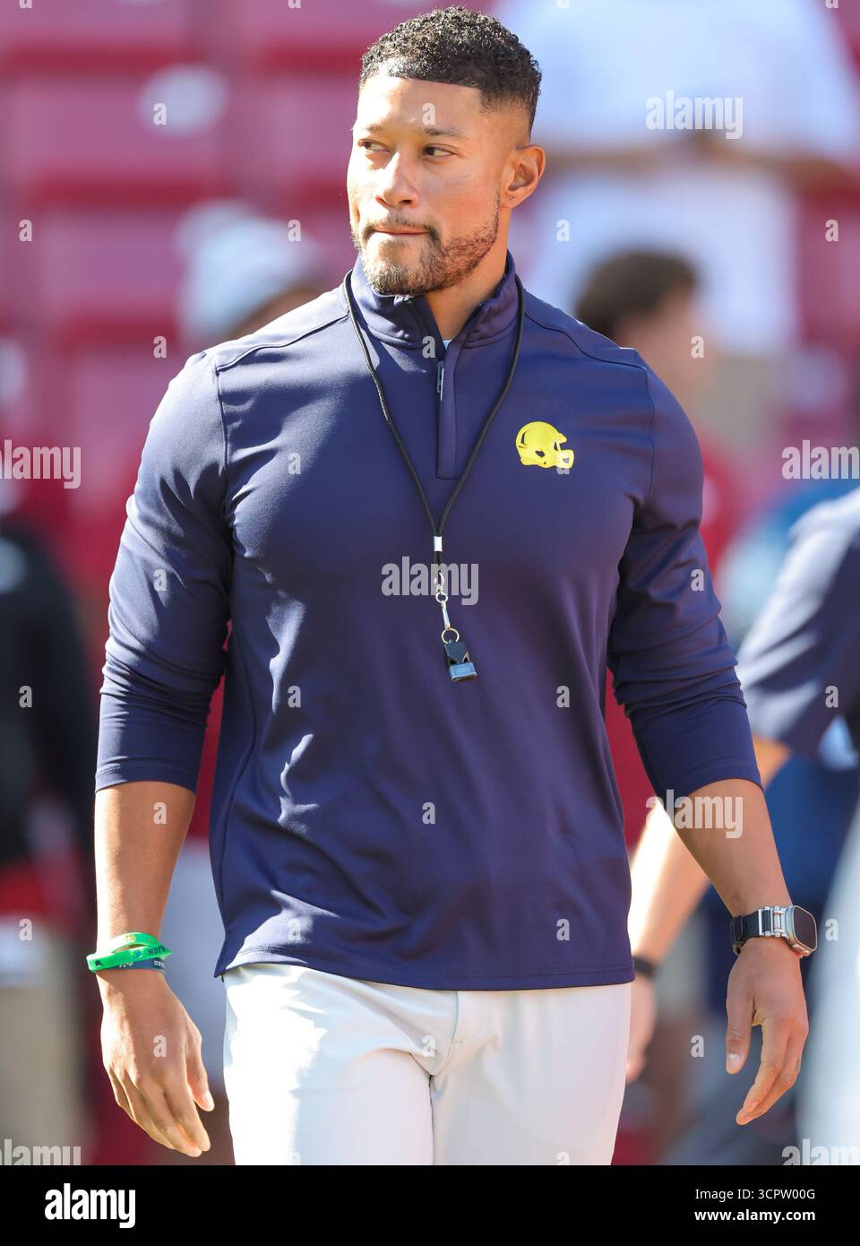 September 27, 2025: Norte Dame Head Coach Marcus Freeman glances up ...