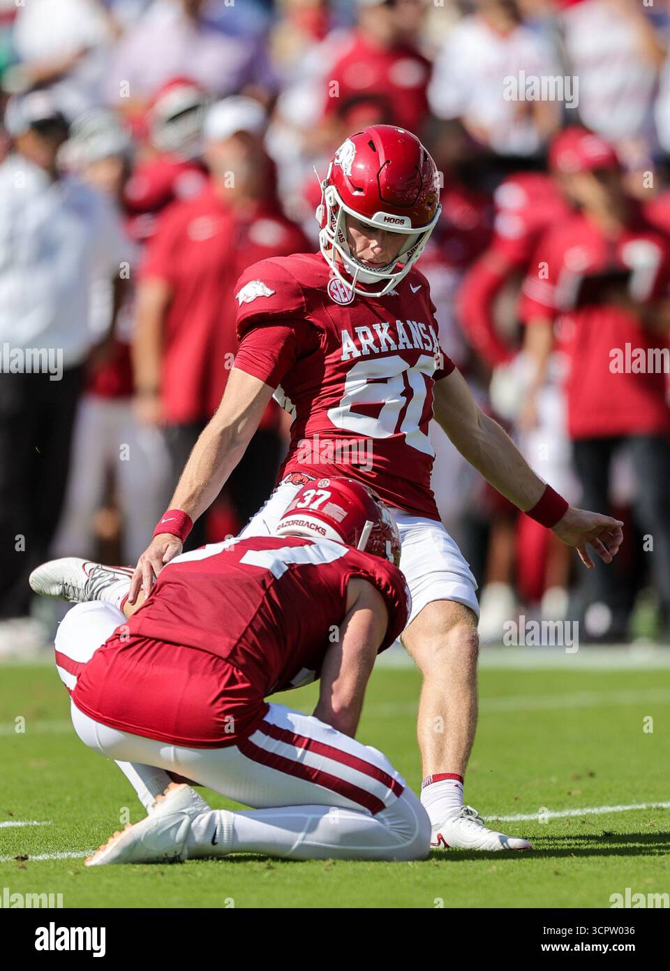 September 27, 2025: Razorback place kicker Scott Starzyk (80) prepares ...