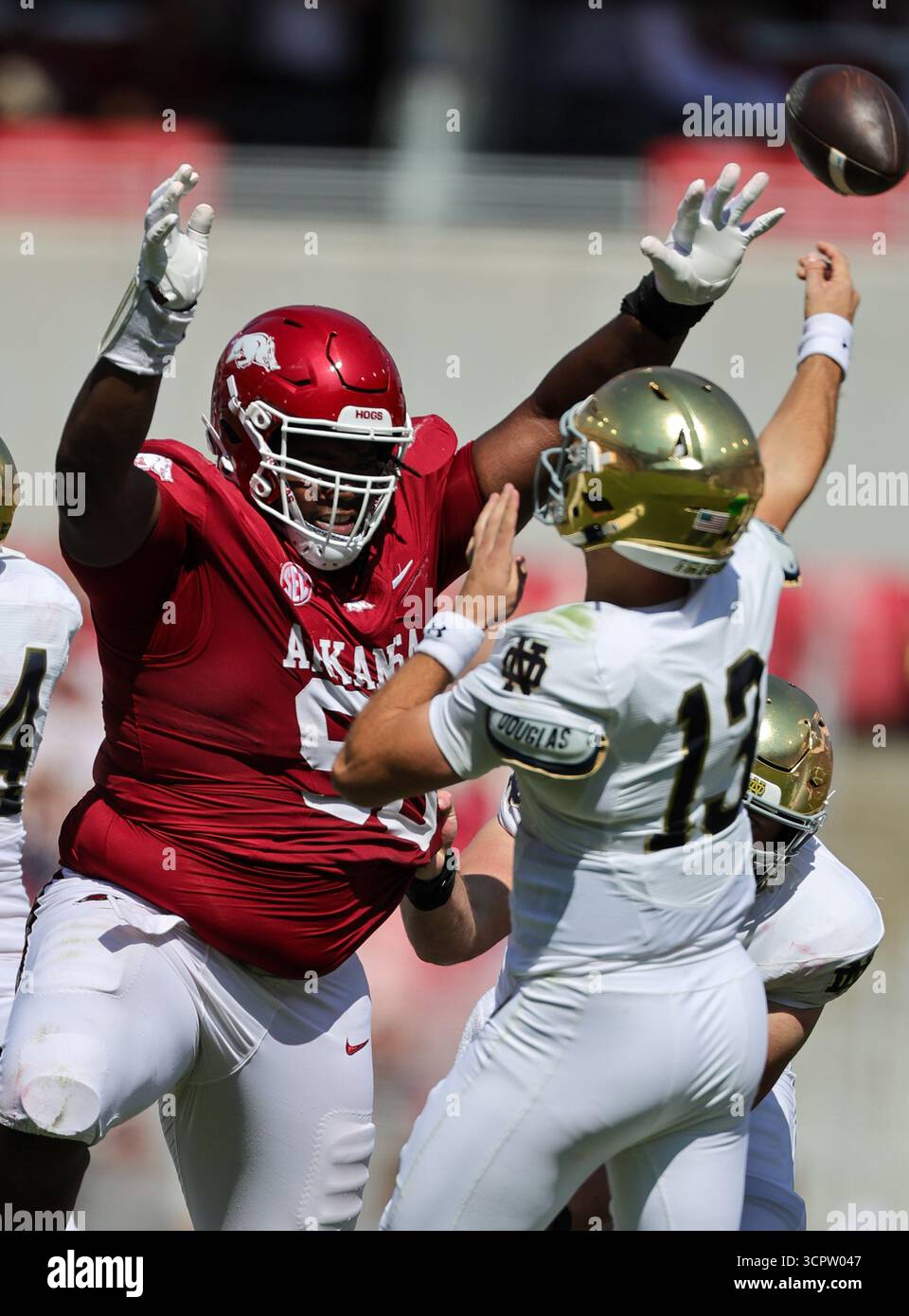 September 27, 2025: Razorback defensive lineman Ian Geffrard (95) comes ...