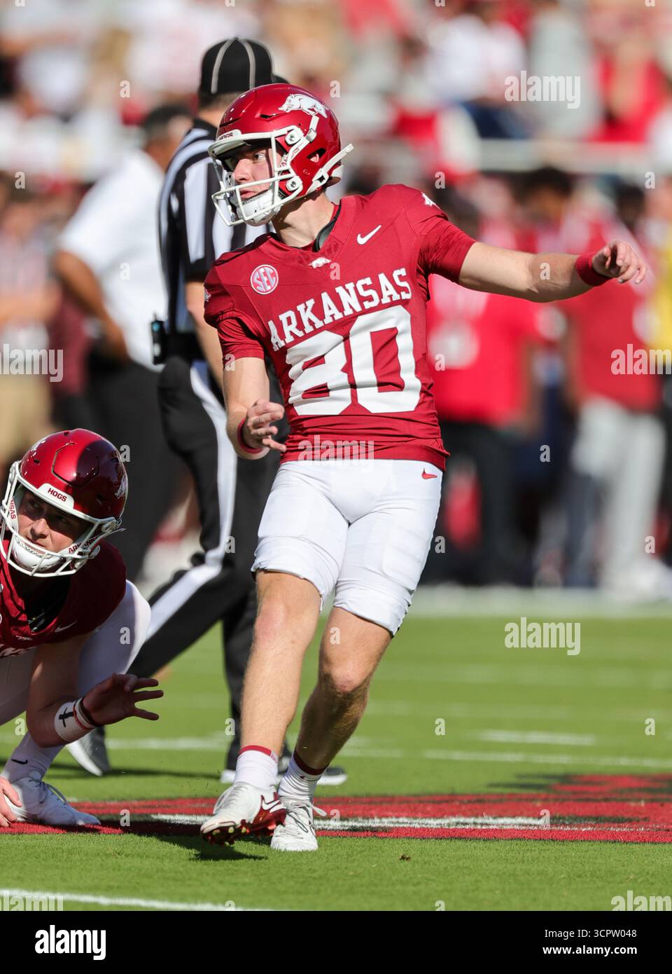 September 27, 2025: Razorback place kicker Scott Starzyk (80) watches ...