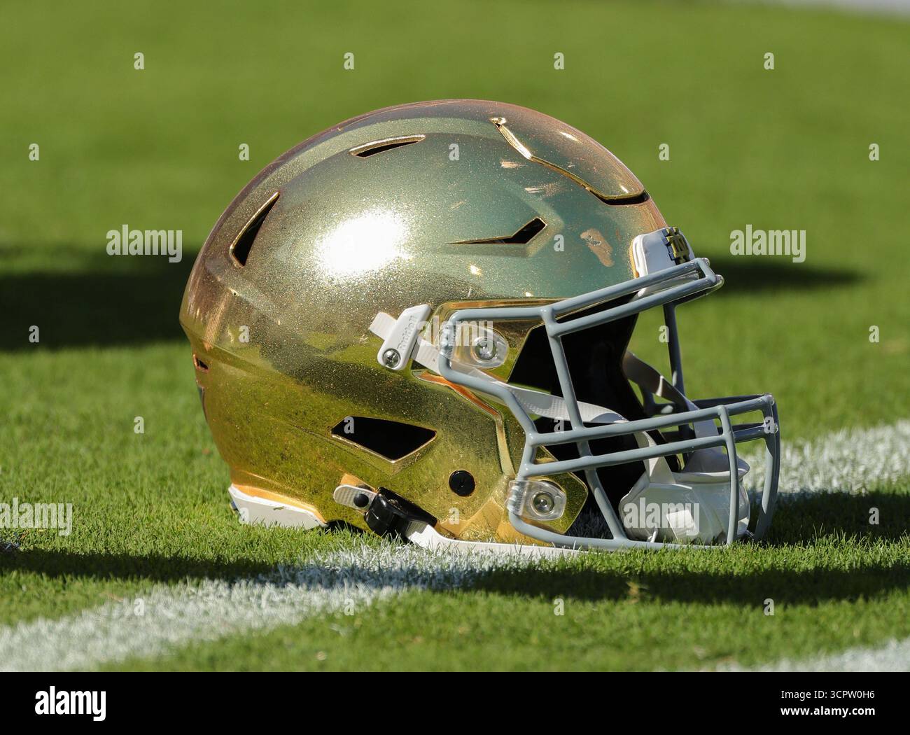 September 27, 2025: A Norte Dame helmet rest on the field. Norte Dame ...