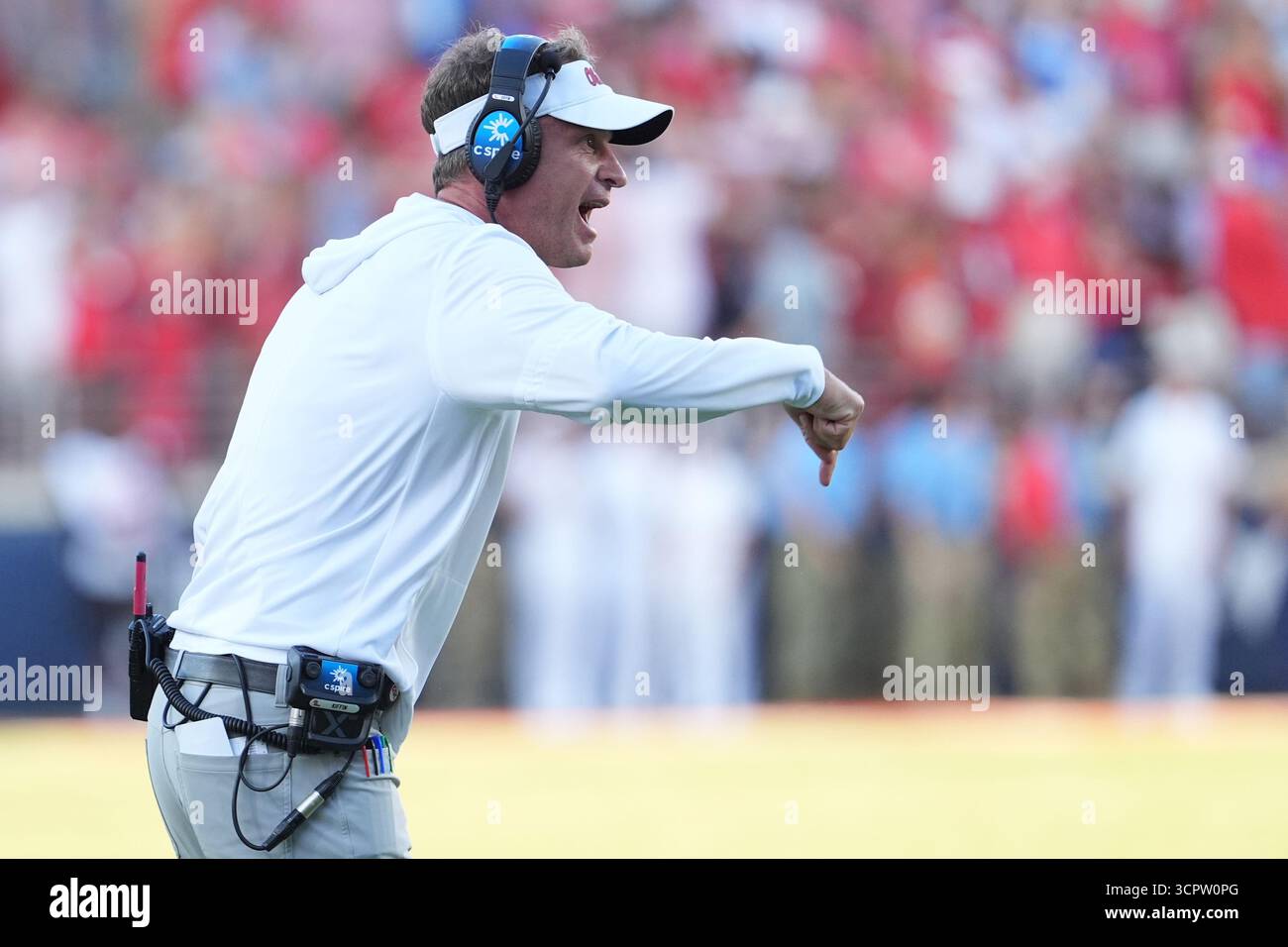 Mississippi head coach Lane Kiffin calls out to his team during the ...