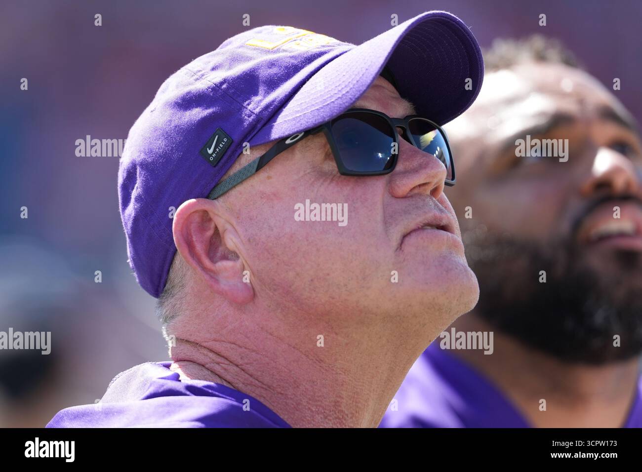 LSU head coach Brian Kelly stares into the stands prior to an NCAA ...