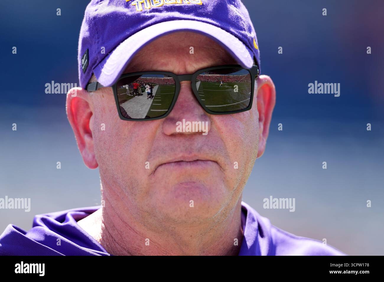 LSU head coach Brian Kelly stares at the field prior to an NCAA college ...